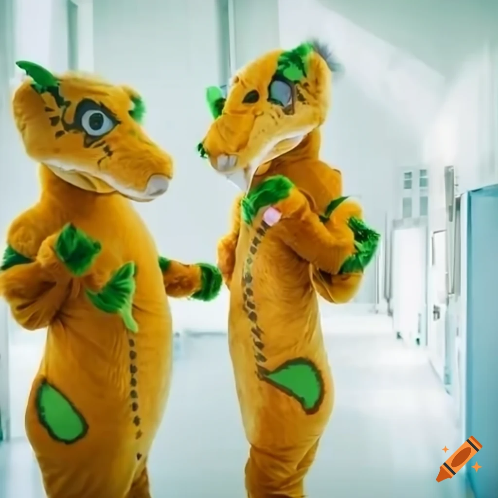 Two workers in snake mascot costume fursuits at hospital on Craiyon