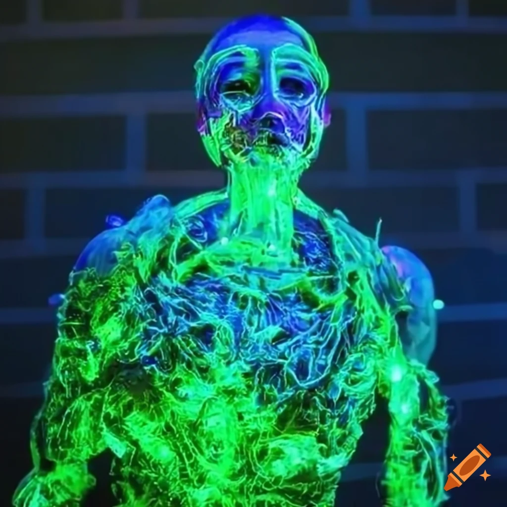 High-tech biopunk cyborg covered in glowing moss in a futuristic ...