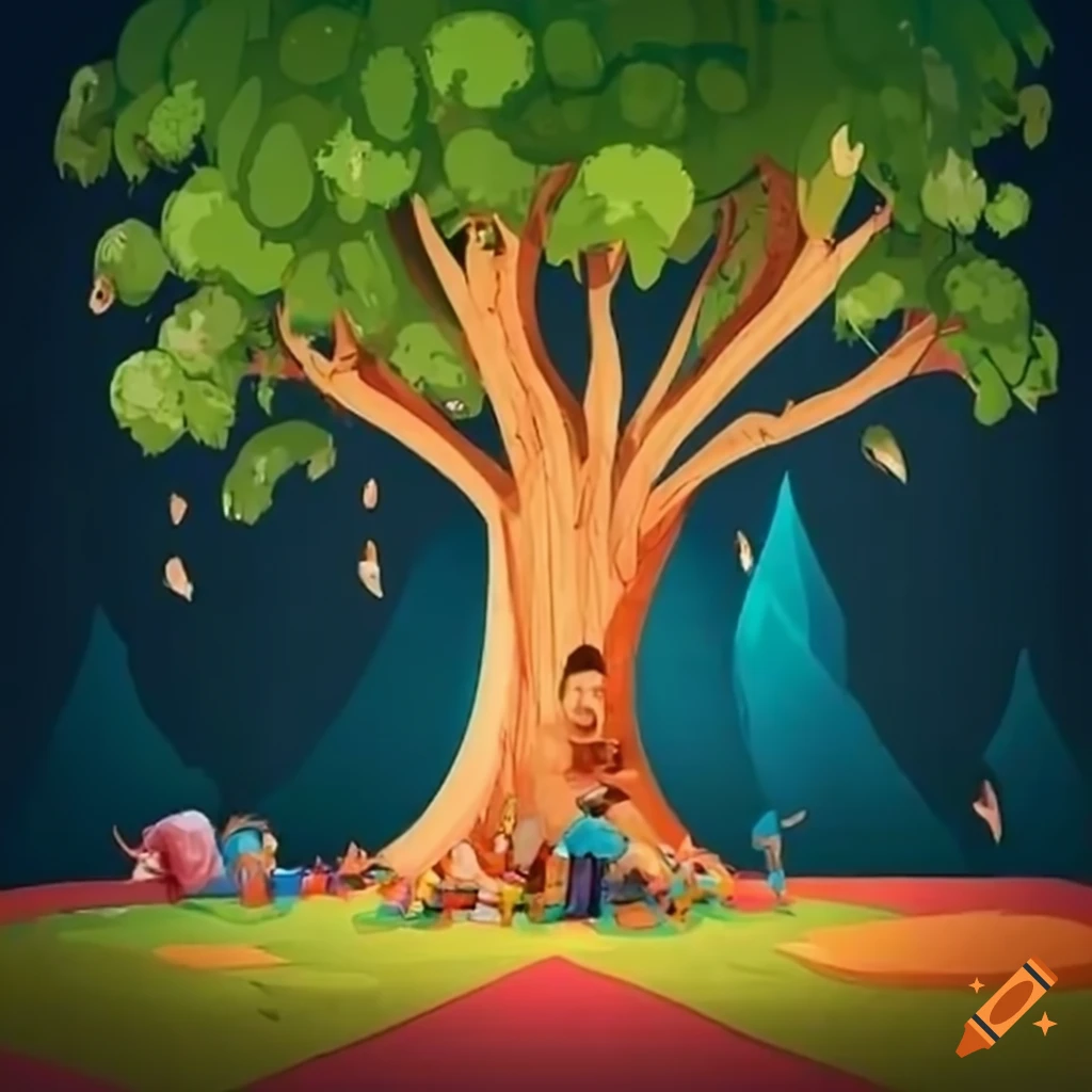 Children gathering around a giant tree, laughing and having fun on Craiyon