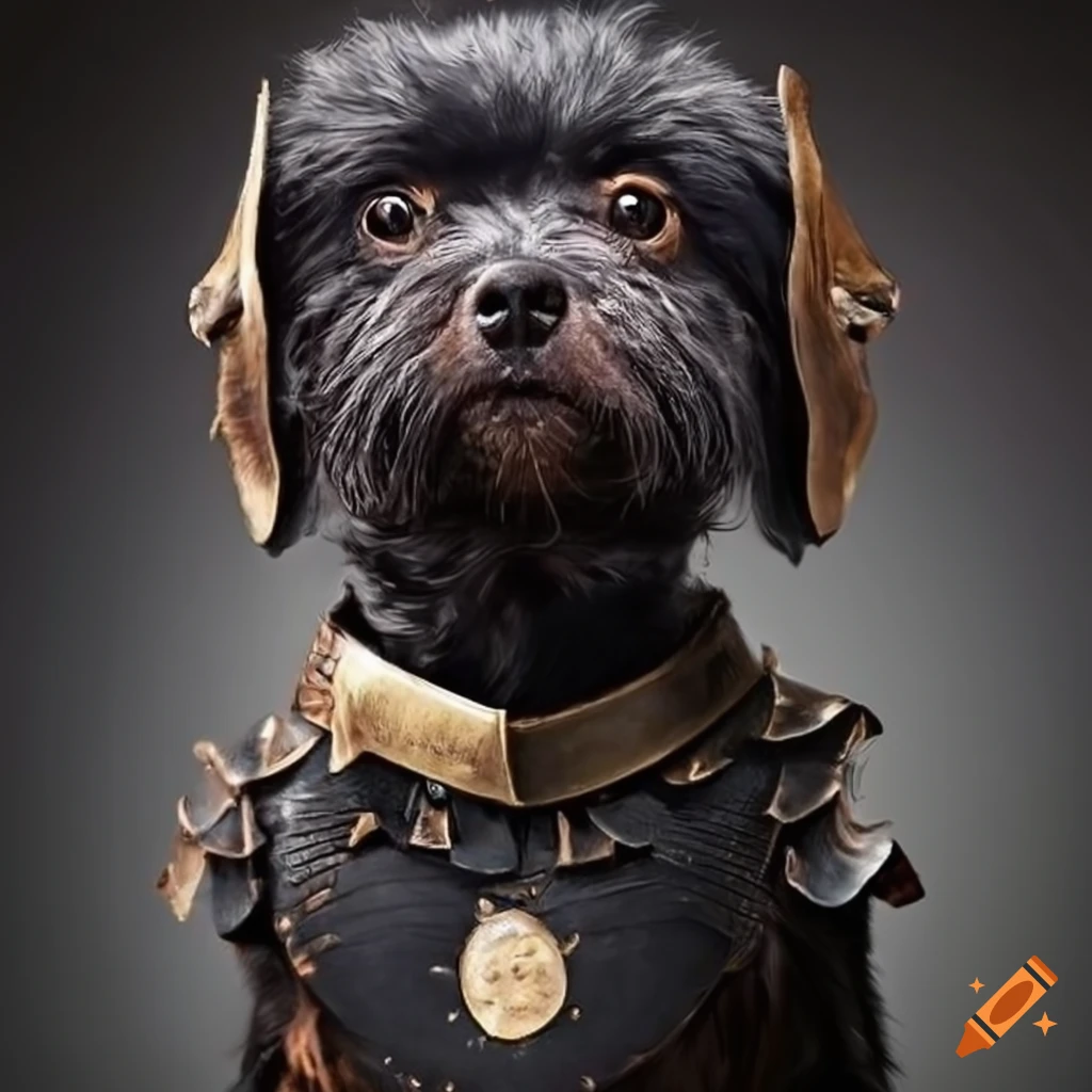 Small black dog wearing armor on Craiyon