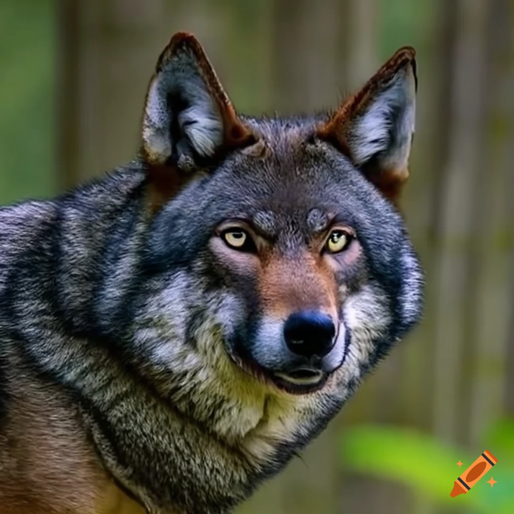 Unique black and red wolf in the forest on Craiyon