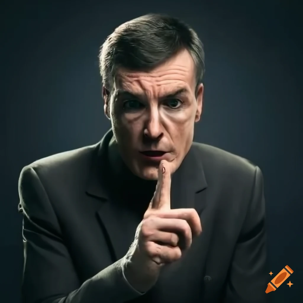 Portrait of a man shushing the audience on Craiyon