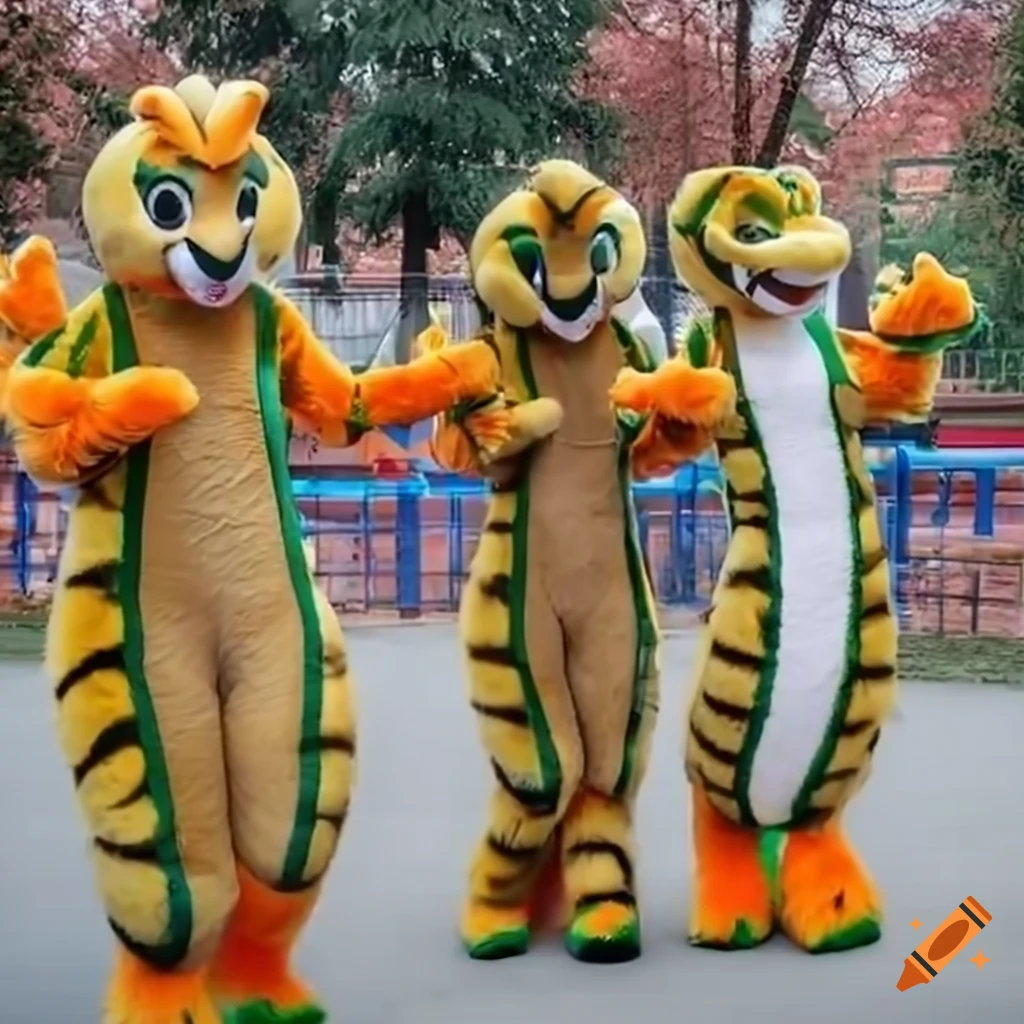 Two female workers in snake mascot costumes at theme park on Craiyon