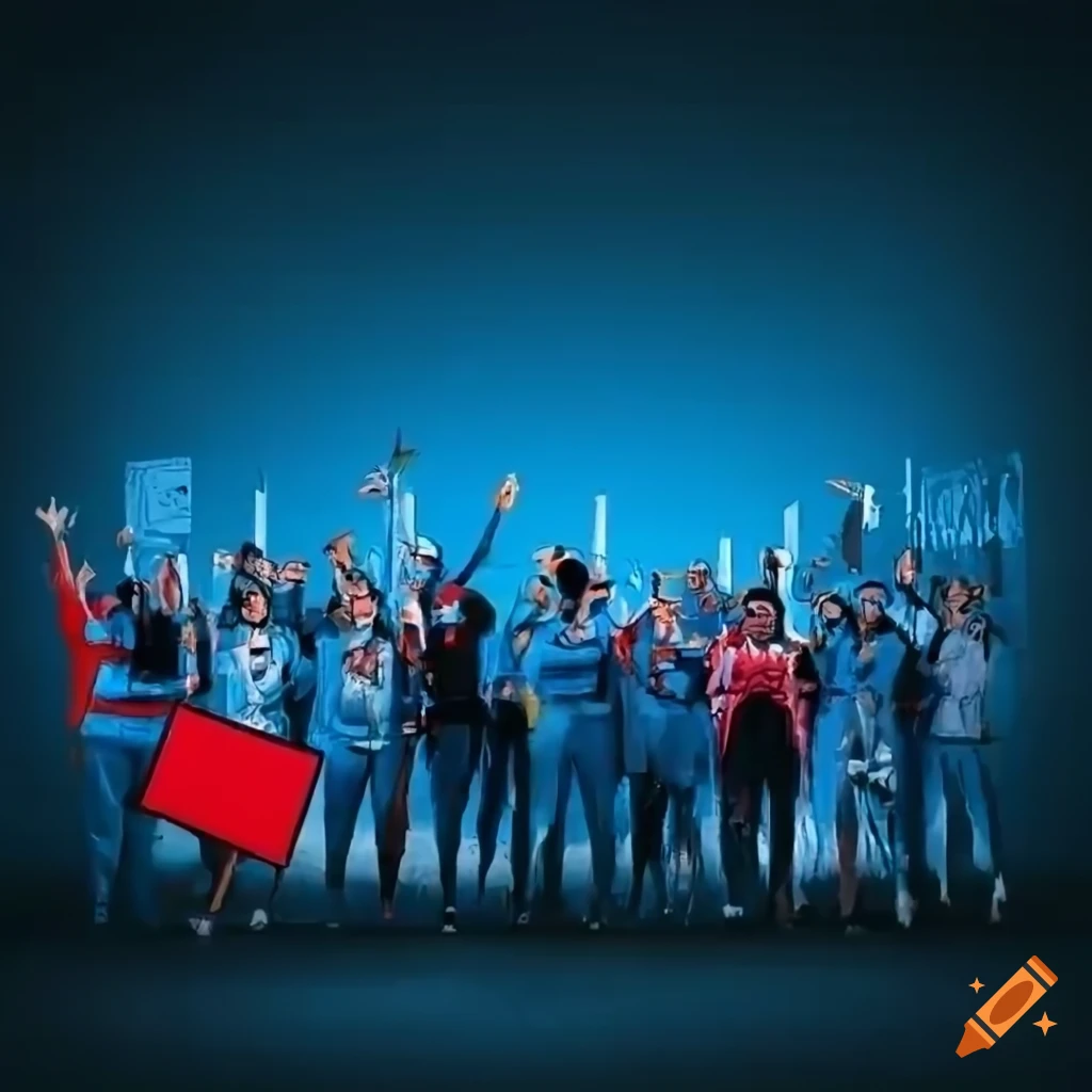 Detailed city scene with angry crowd holding signs in comic book style ...