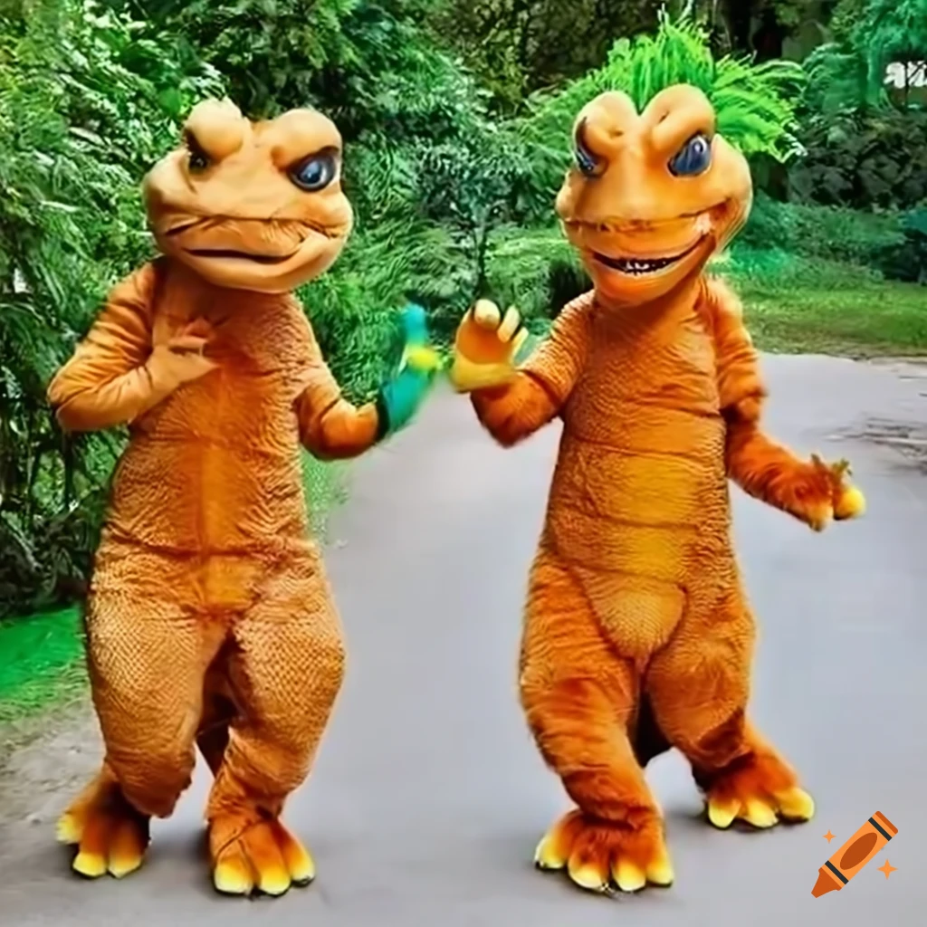 Two female workers in full body lizard mascot costumes at zoo on Craiyon