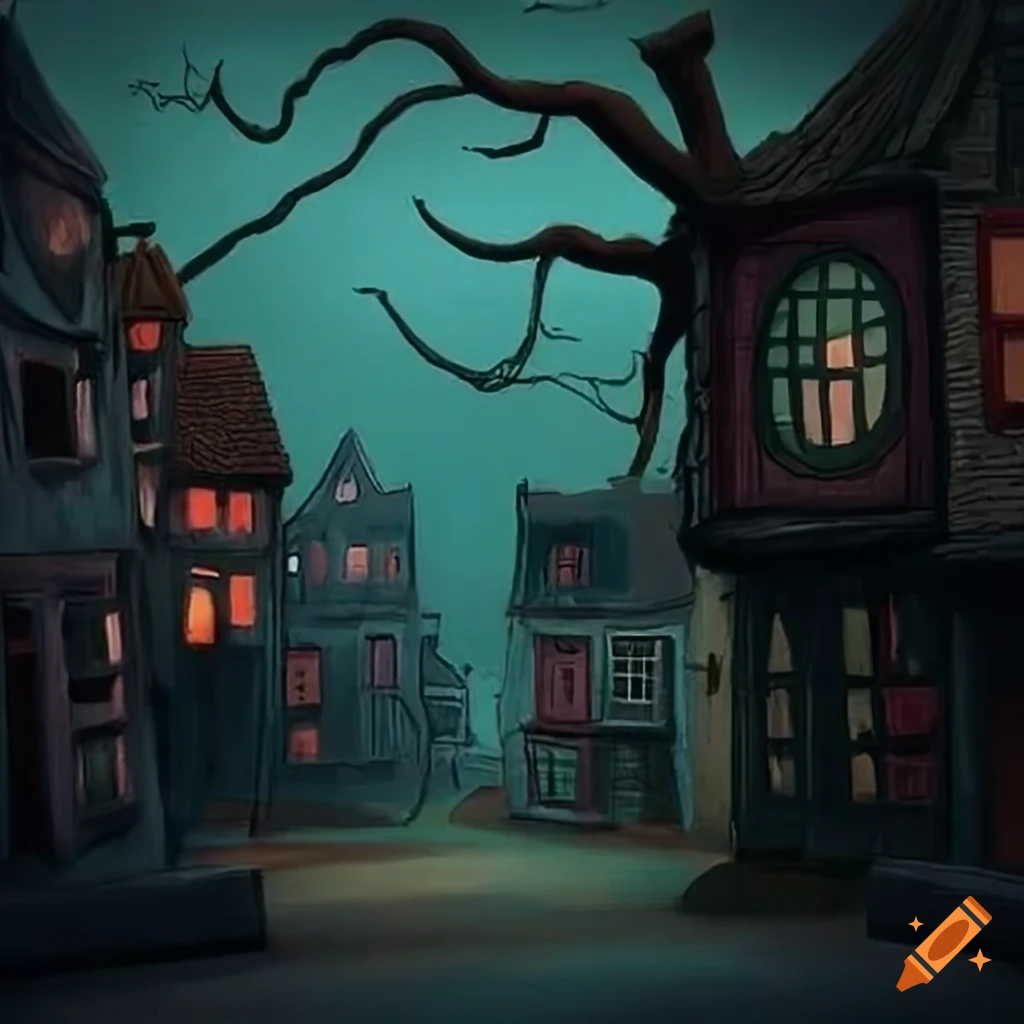 Twisted, brightly-colored village with strange characters and winding ...