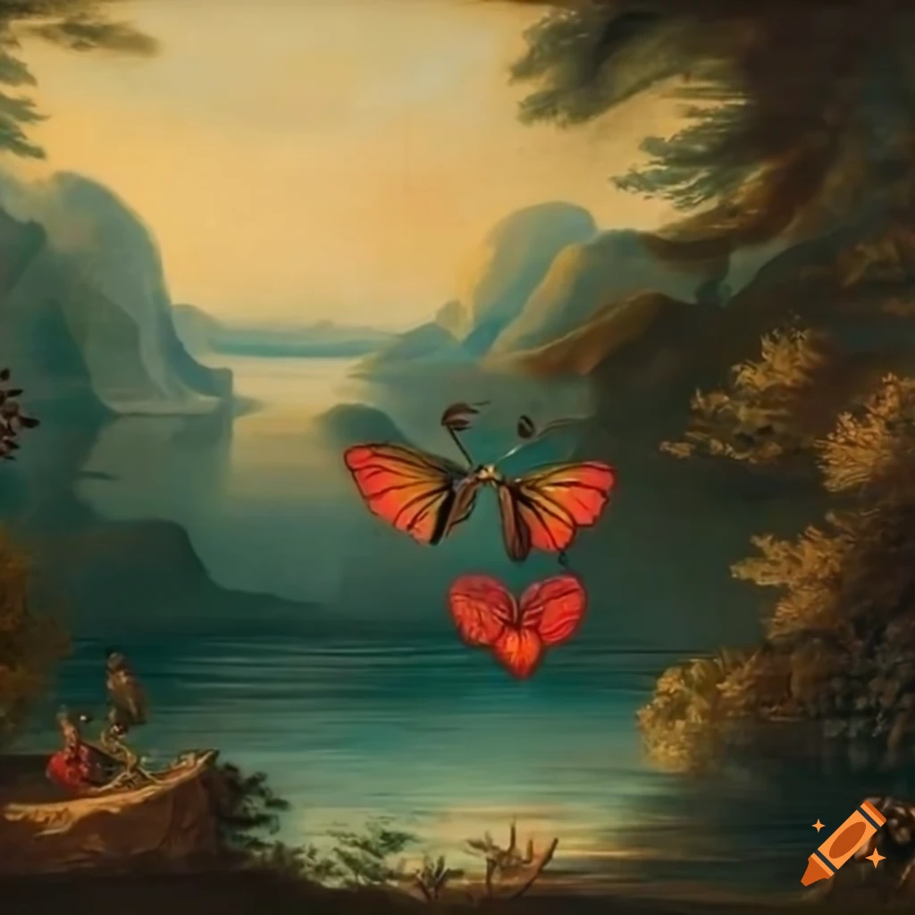 Painting representing love with butterfly and dragonfly flying together ...