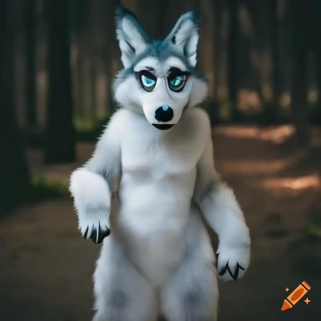 Tall dad in a wolf fursuit standing in a woodland setting on Craiyon