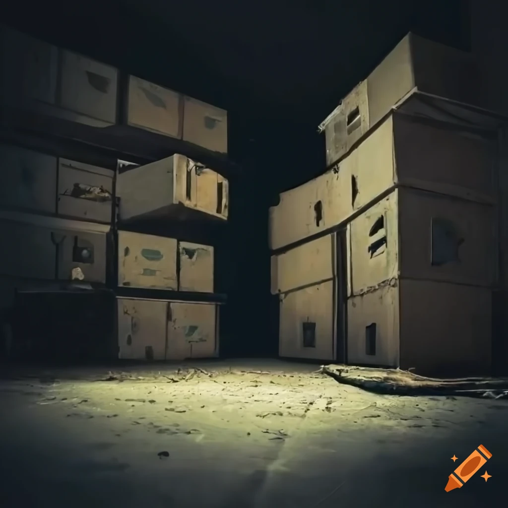 Abandoned storage room with single storage boxes on Craiyon