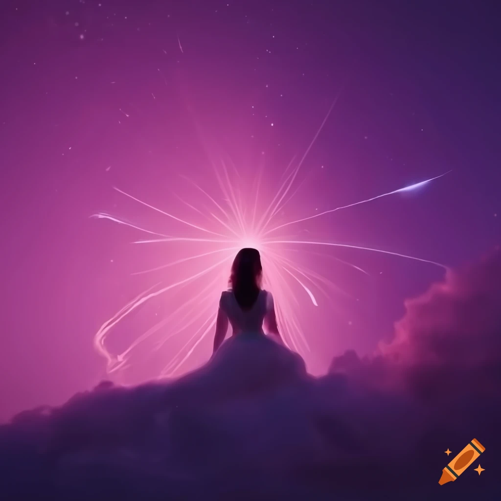Woman in white radiating pink light with sky, stars, and dragons on Craiyon