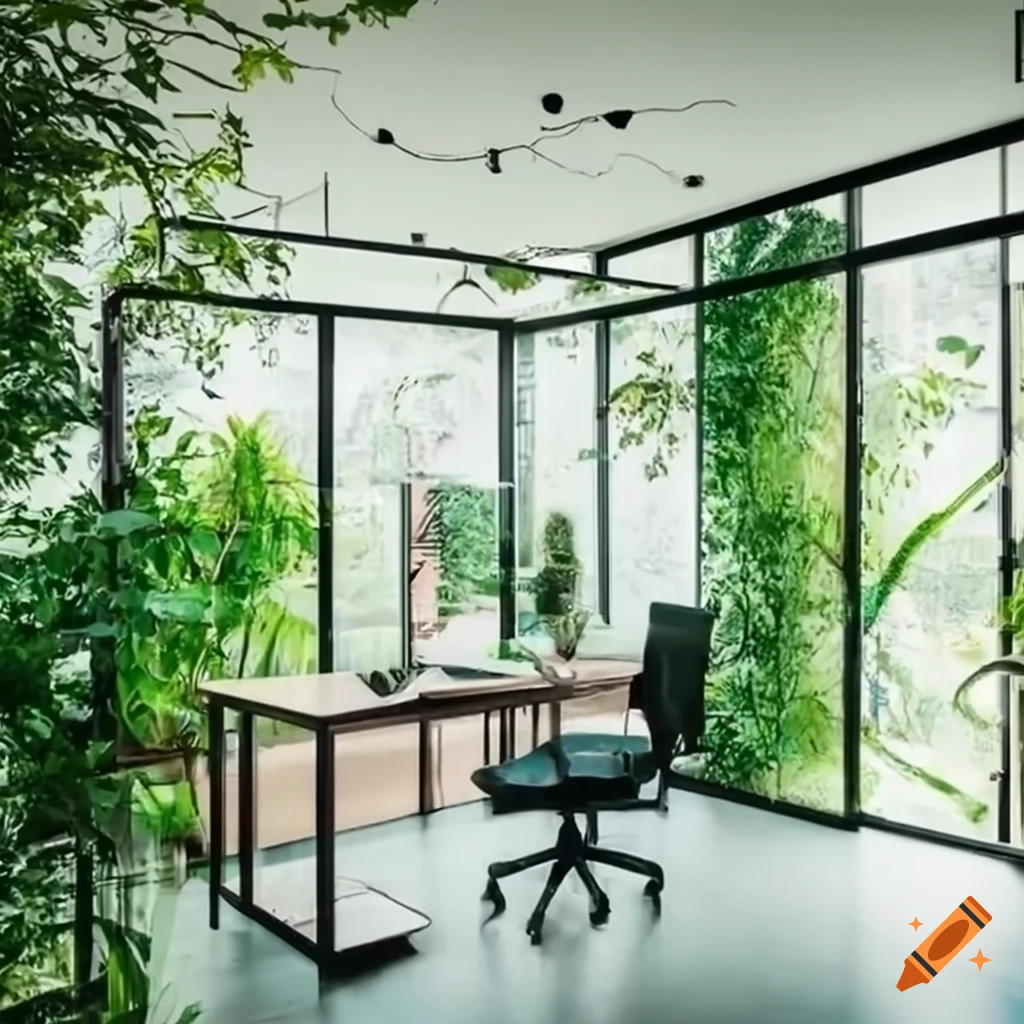 Aesthetic workstation setup in a glass-walled studio surrounded by lush ...