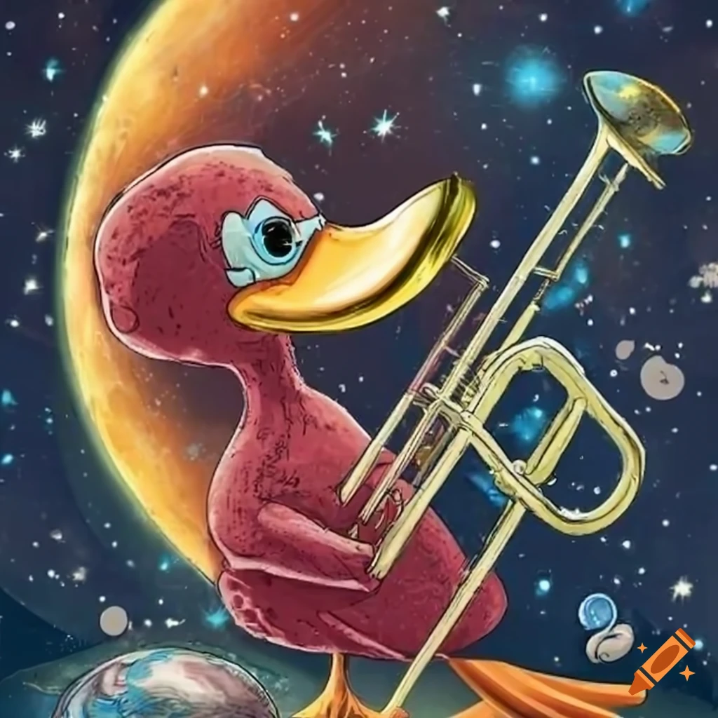 Cartoon duck playing trombone in space on Craiyon