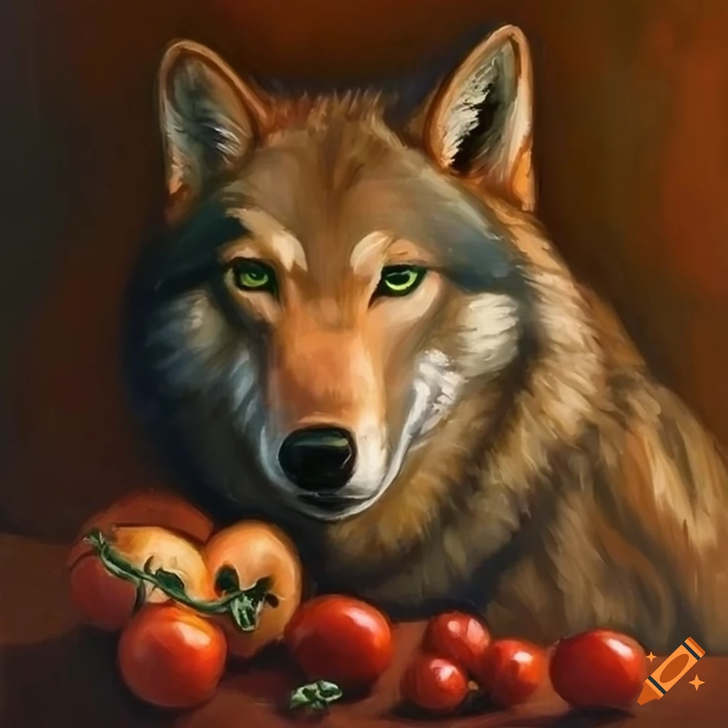 Wolf surrounded by tomatoes in an oil painting on Craiyon