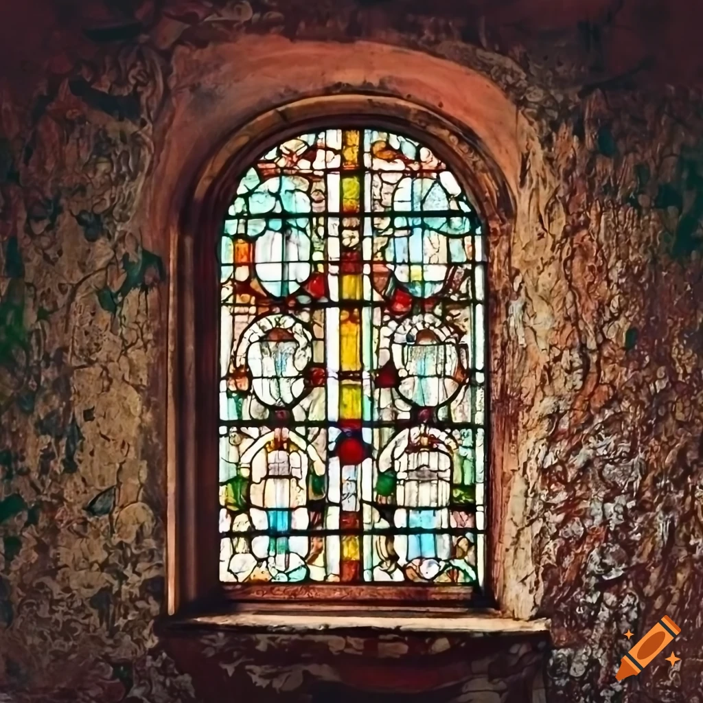 Stained glass window in an old warehouse on Craiyon