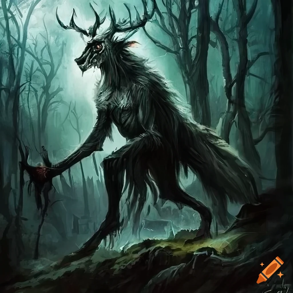Surreal illustration of creepy wendigo and wolf skull head in dark ...