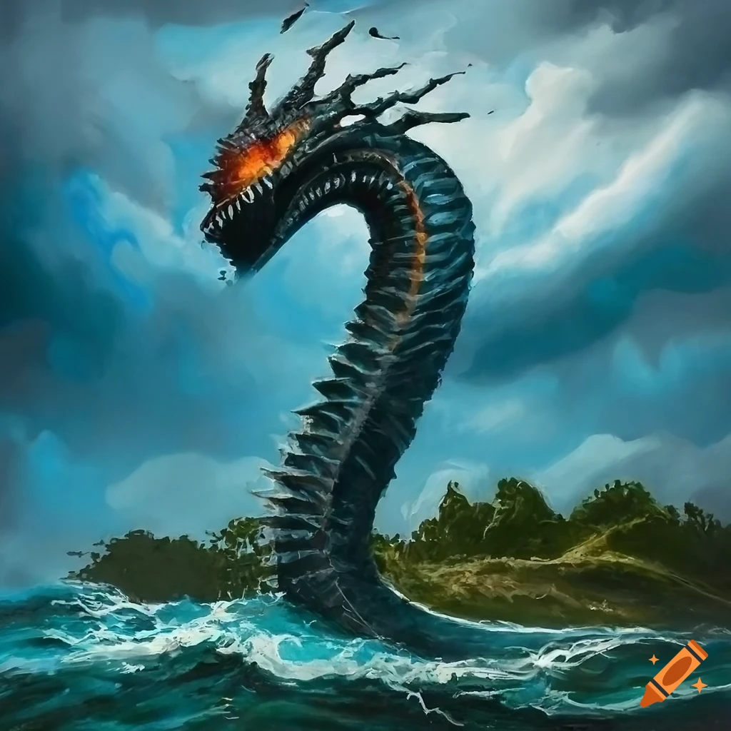 Gigantic elemental sea serpent with lightning jaws and tropical island ...