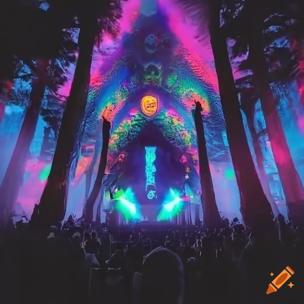 Forest rave festival with massive speakers and cyberpunk decoration on ...