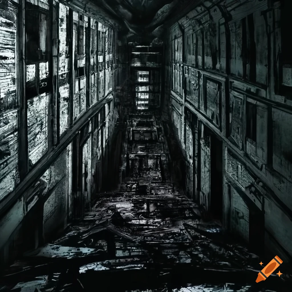 Interior of an abandoned, sinister megastructure in a dark and grainy ...