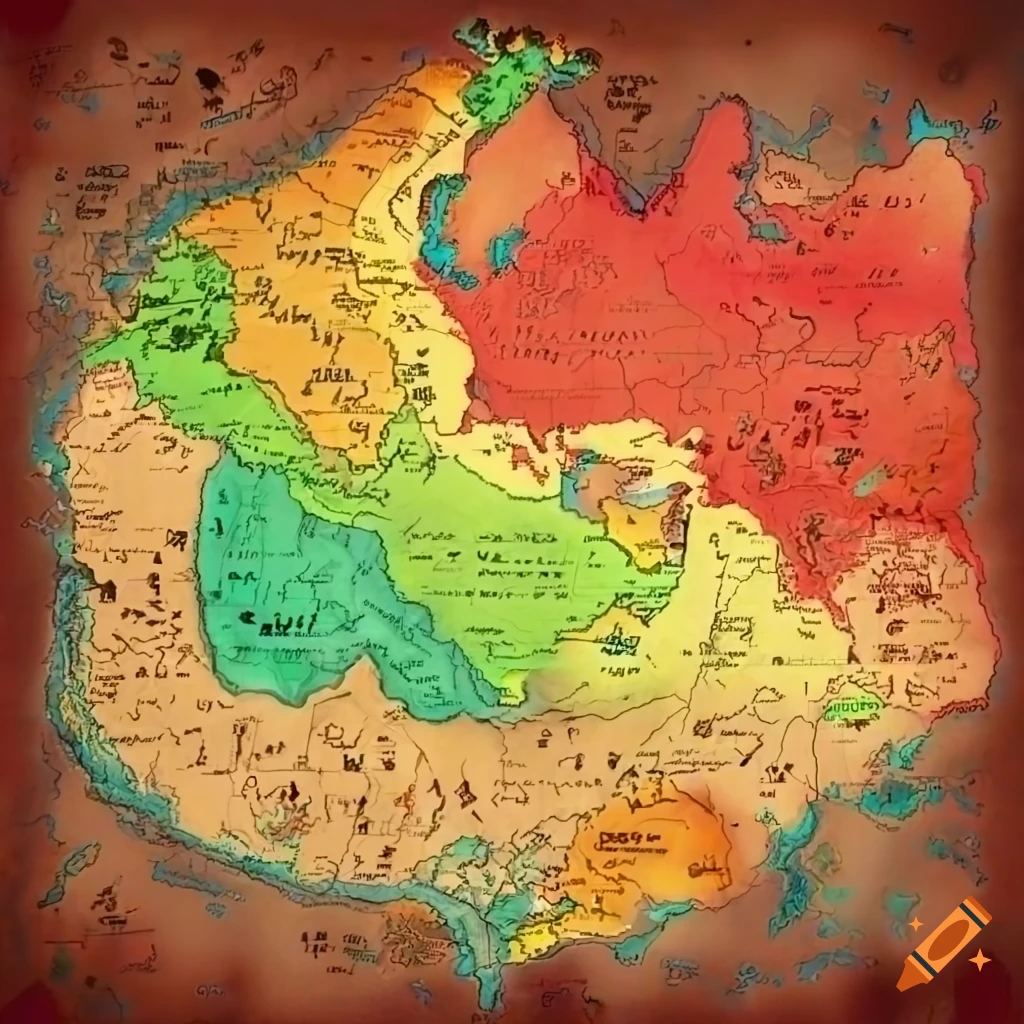 Fantasy map depicting six distinct regions and colonies on Craiyon