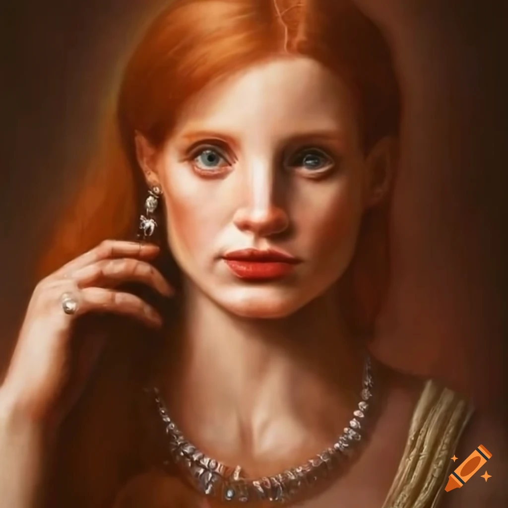 Pre-raphaelite style painting of young jessica chastain on Craiyon