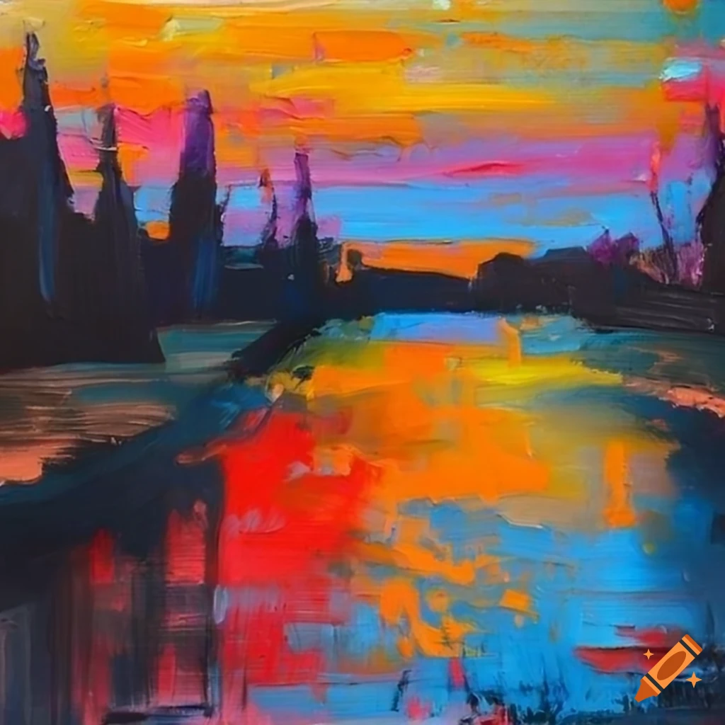 Expressionist landscape painting with textured oil paint and thick ...