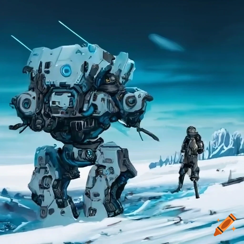 Two humanoids with futuristic mechs in a snowy landscape on Craiyon