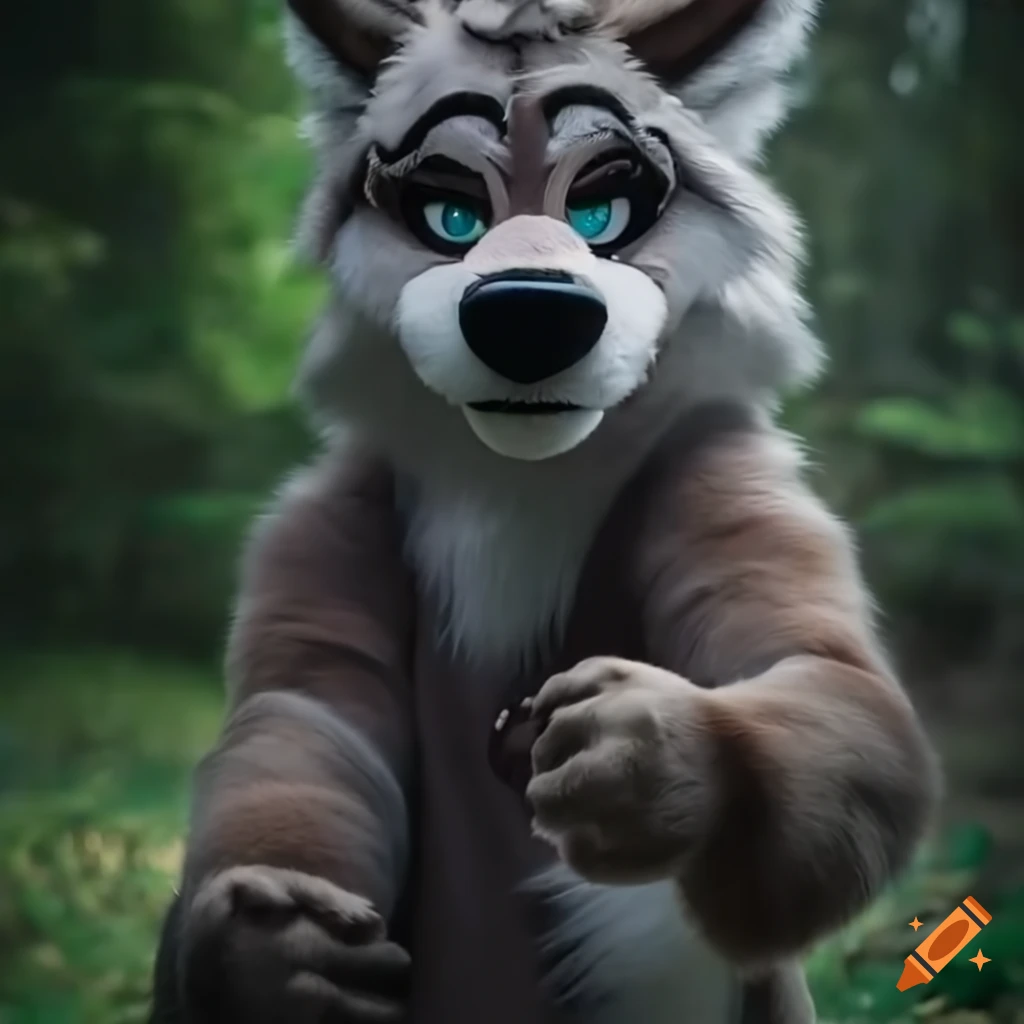 Dad in a wolf fursuit hugging a tree in the woods on Craiyon