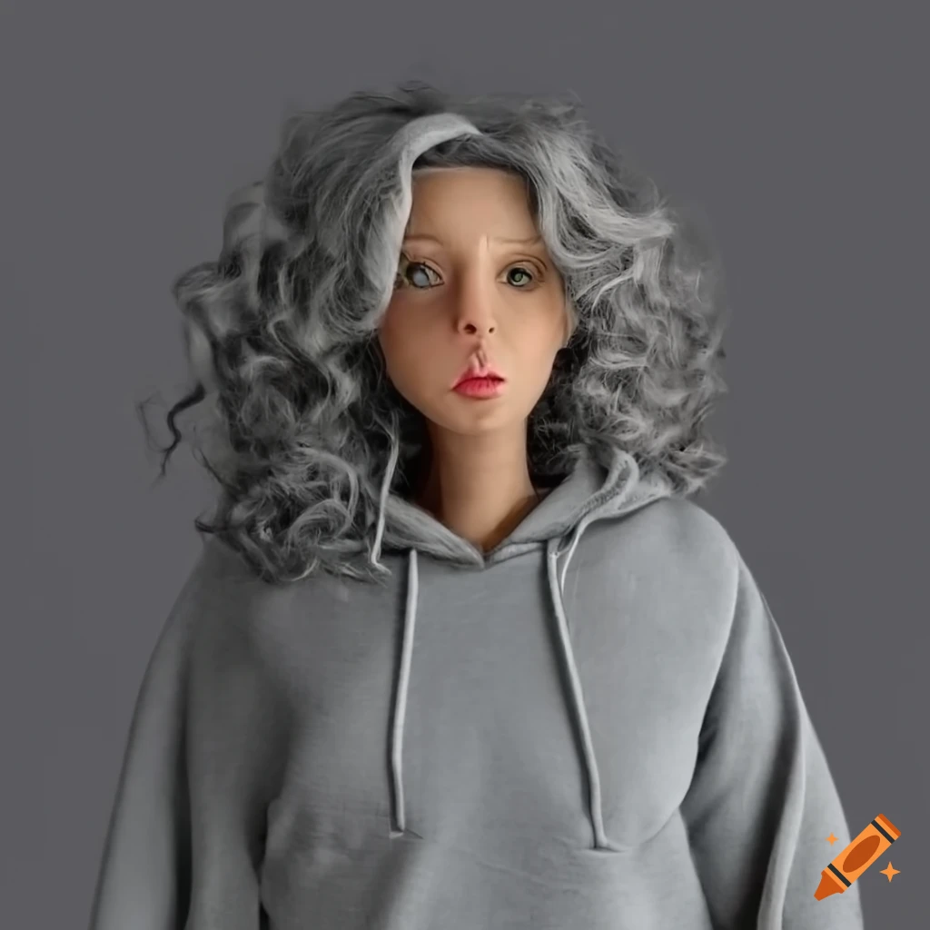 Faceless Woman With Messy Curly Grey Hair And Grey Hoodie Small Like A