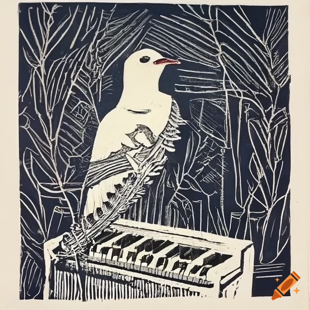 Cuckoo playing piano in a linocut print on Craiyon