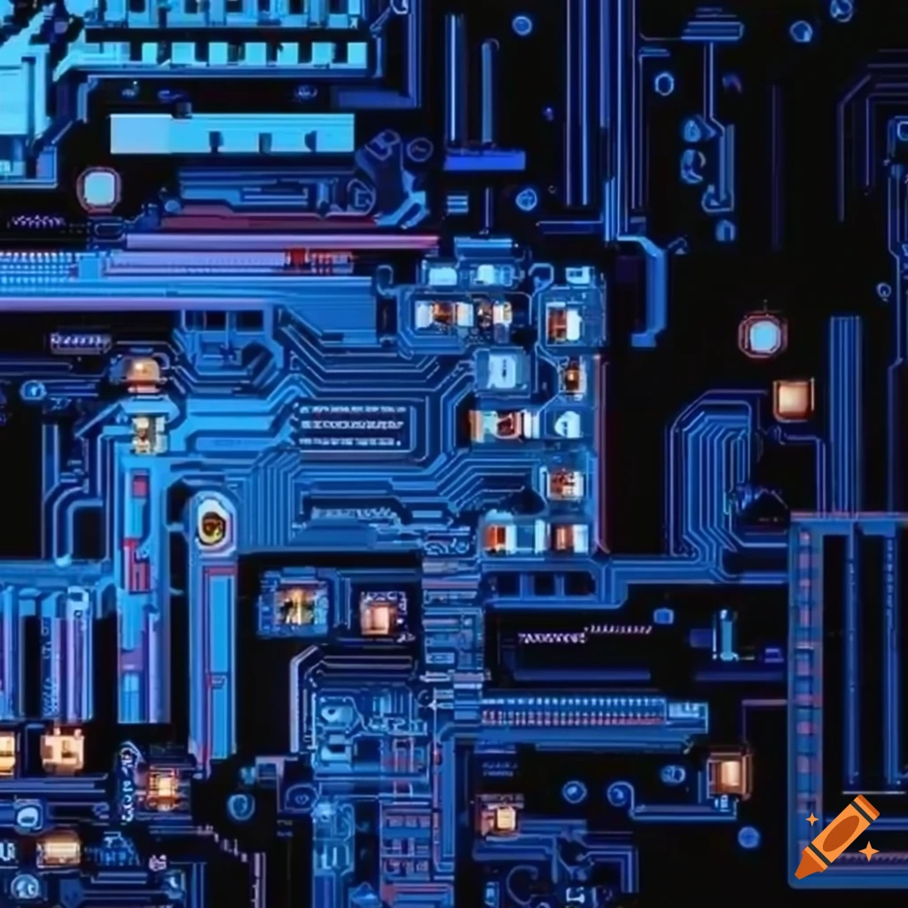 Close up of computer circuits and chips in detailed 16-bit pixel art ...