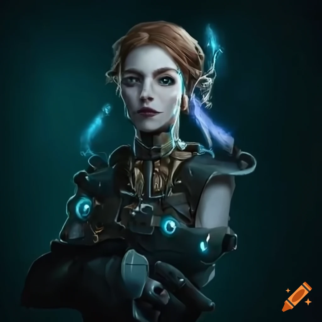 Undercity of zaun with a person and a magic-based prosthetic arm on Craiyon