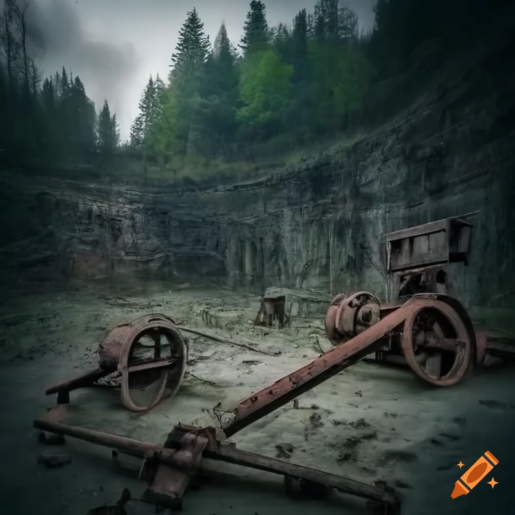 Eerie landscape of abandoned machinery being overtaken by nature in an old quarry on Craiyon