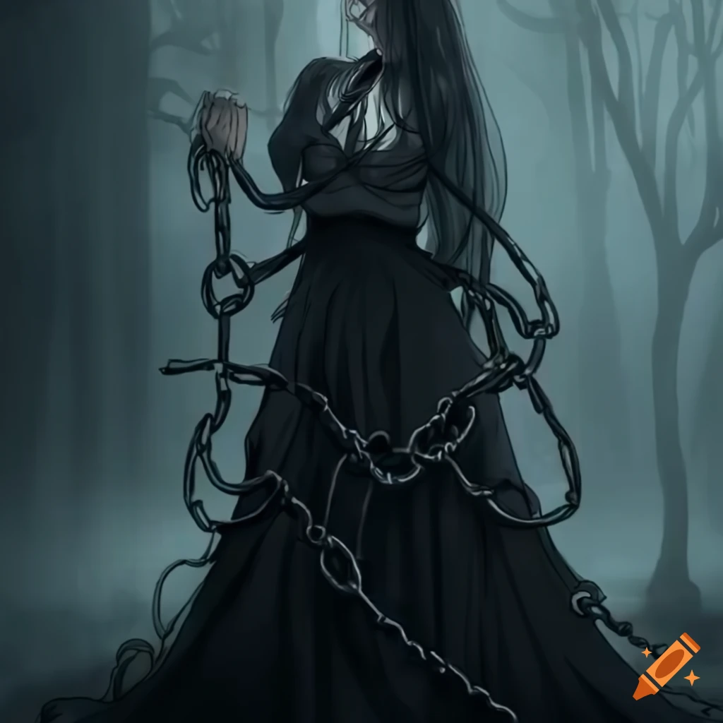 Anime woman with chain tendrils in front of an eerie labyrinth in a ...