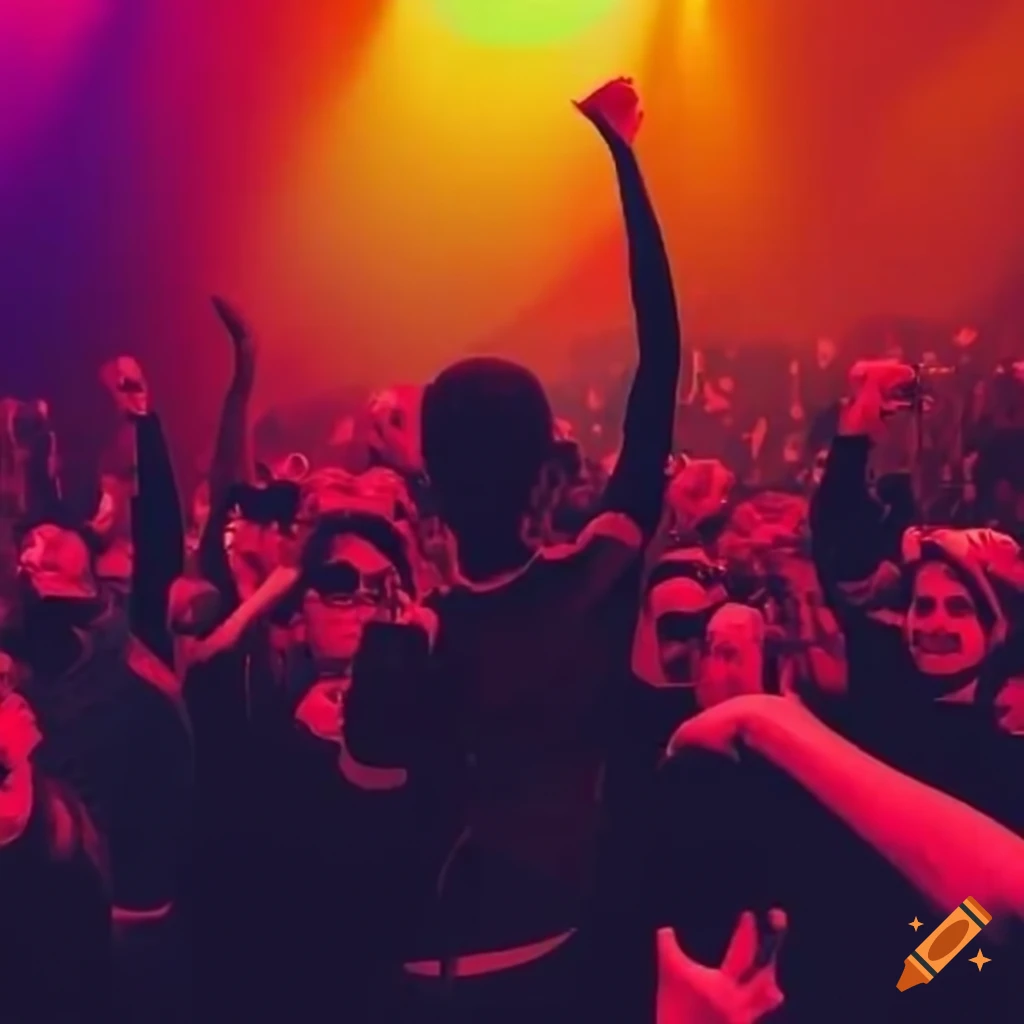 Modern art of dj booth with cheering crowd in a rave scene on Craiyon