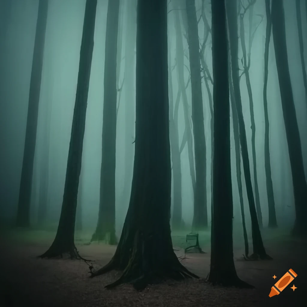 Foggy and scary forest with a humanoid automaton walking on Craiyon