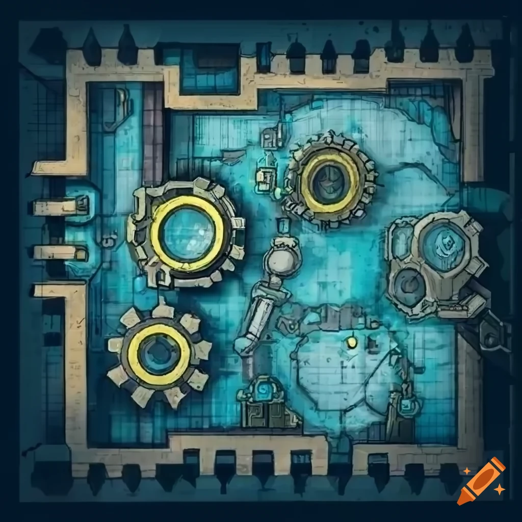 Gears and pistons inside a machine on a DND map on Craiyon