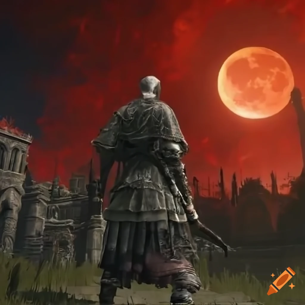 Elden ring and bloodborne characters fighting under a blood moon on Craiyon