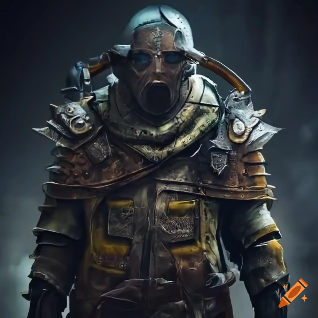 Close-up of a post-apocalyptic male mercenary with a crossbow in a dark ...