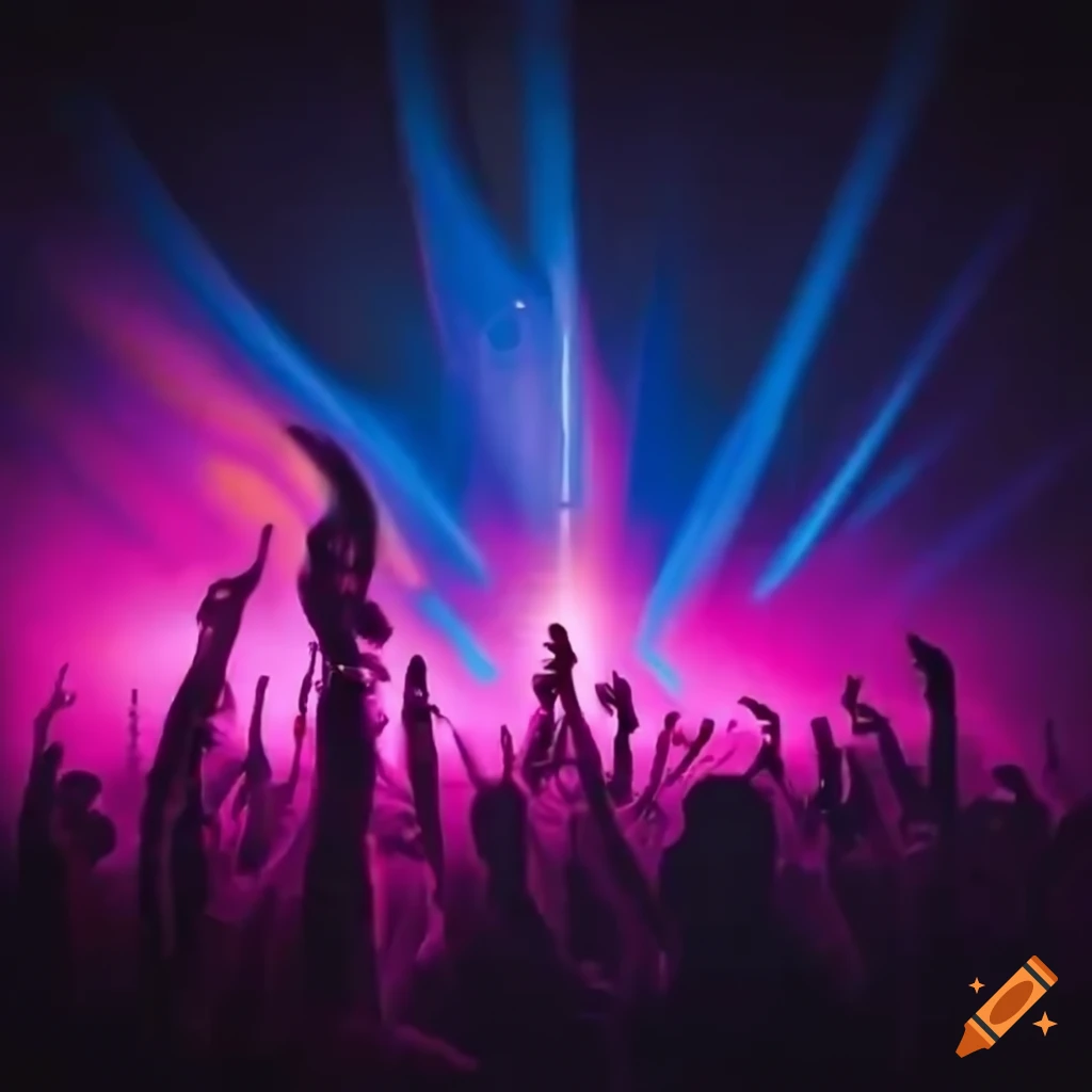 Vibrant rave crowd dancing to electronic music with neon lights on Craiyon