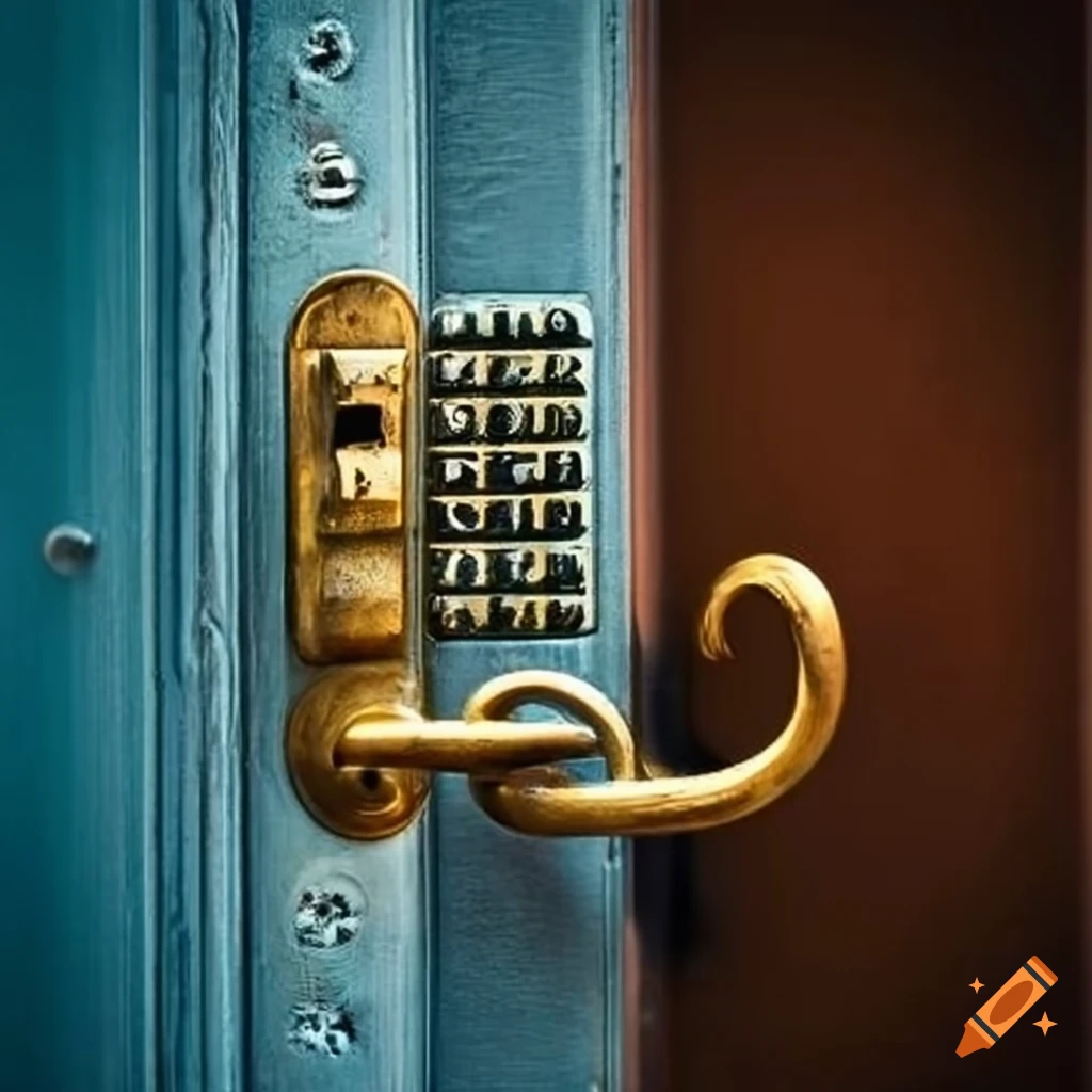 Intricate brass lock with an electronic keypad on a metal door on Craiyon