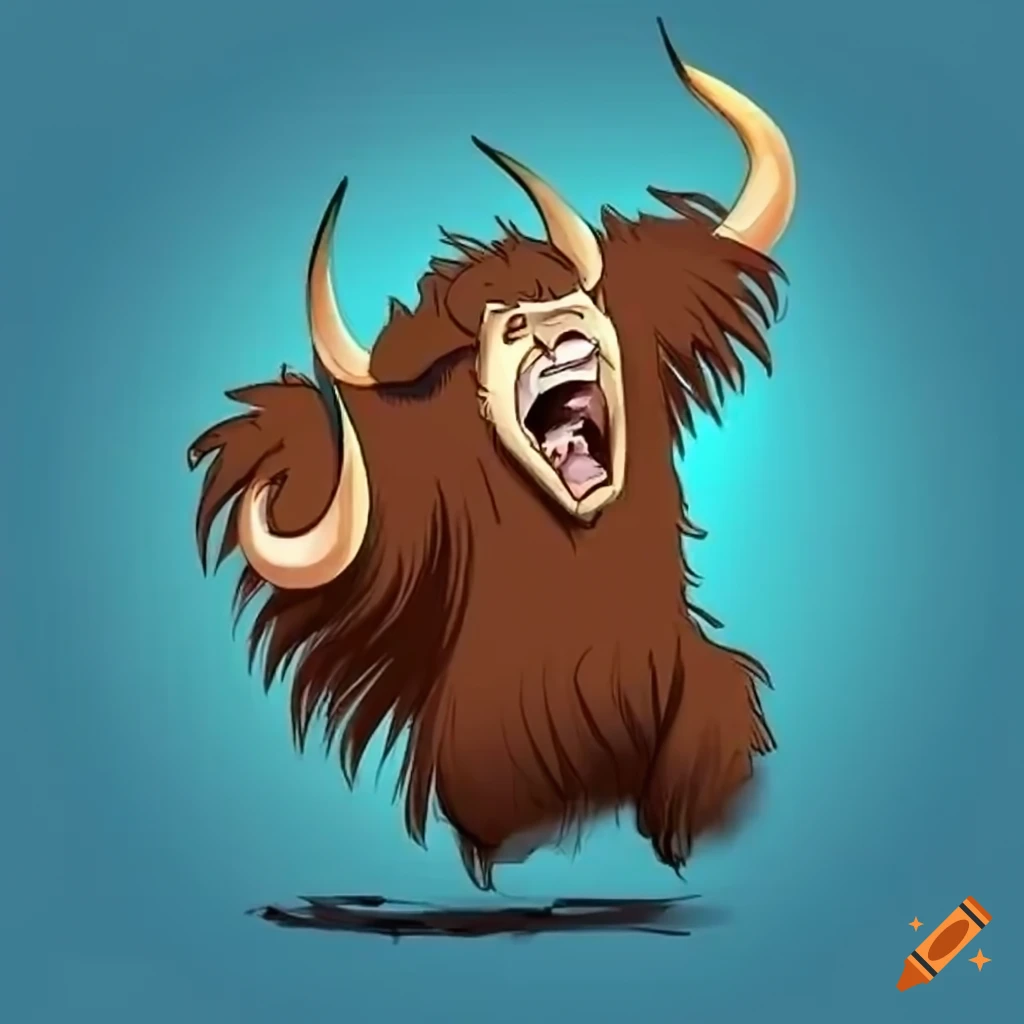 Cartoon images of a yelling yak jumping, running, and standing on Craiyon