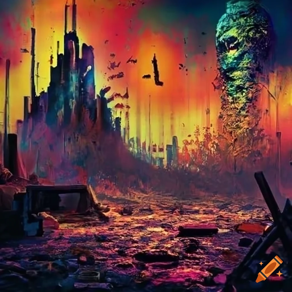 Abstract depiction of a war-torn battlefield with psychedelic colors on ...