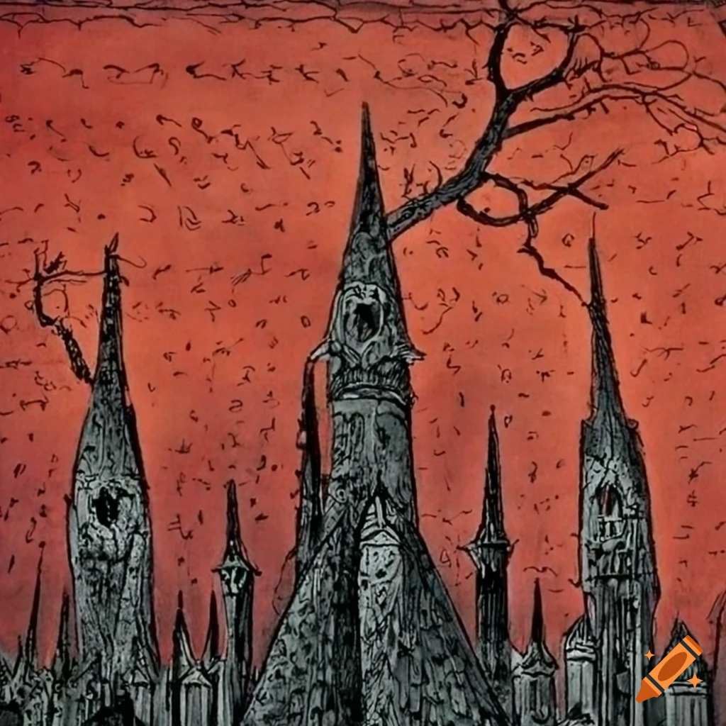 Gothic orange and red cemetery with spikes emanating from the graves in ...