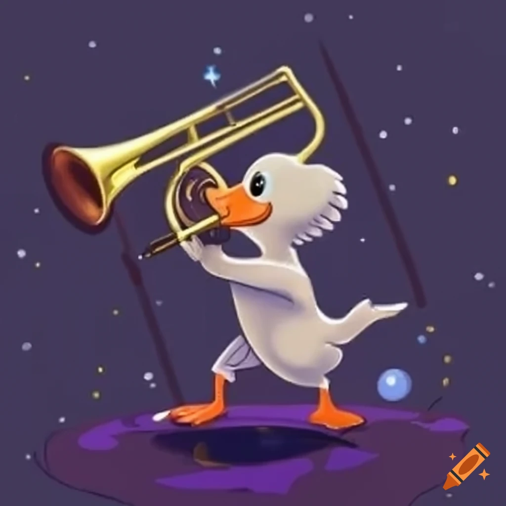 Cartoon duck playing trombone in space on Craiyon