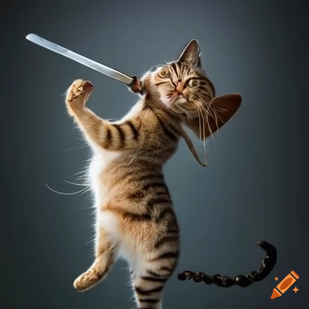 Cat pouncing with a sword on Craiyon