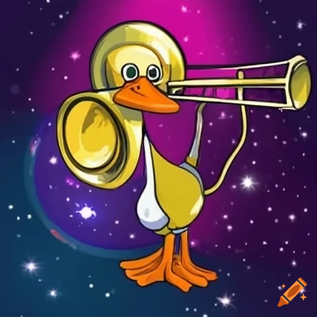 Animated duck playing trombone in space on Craiyon