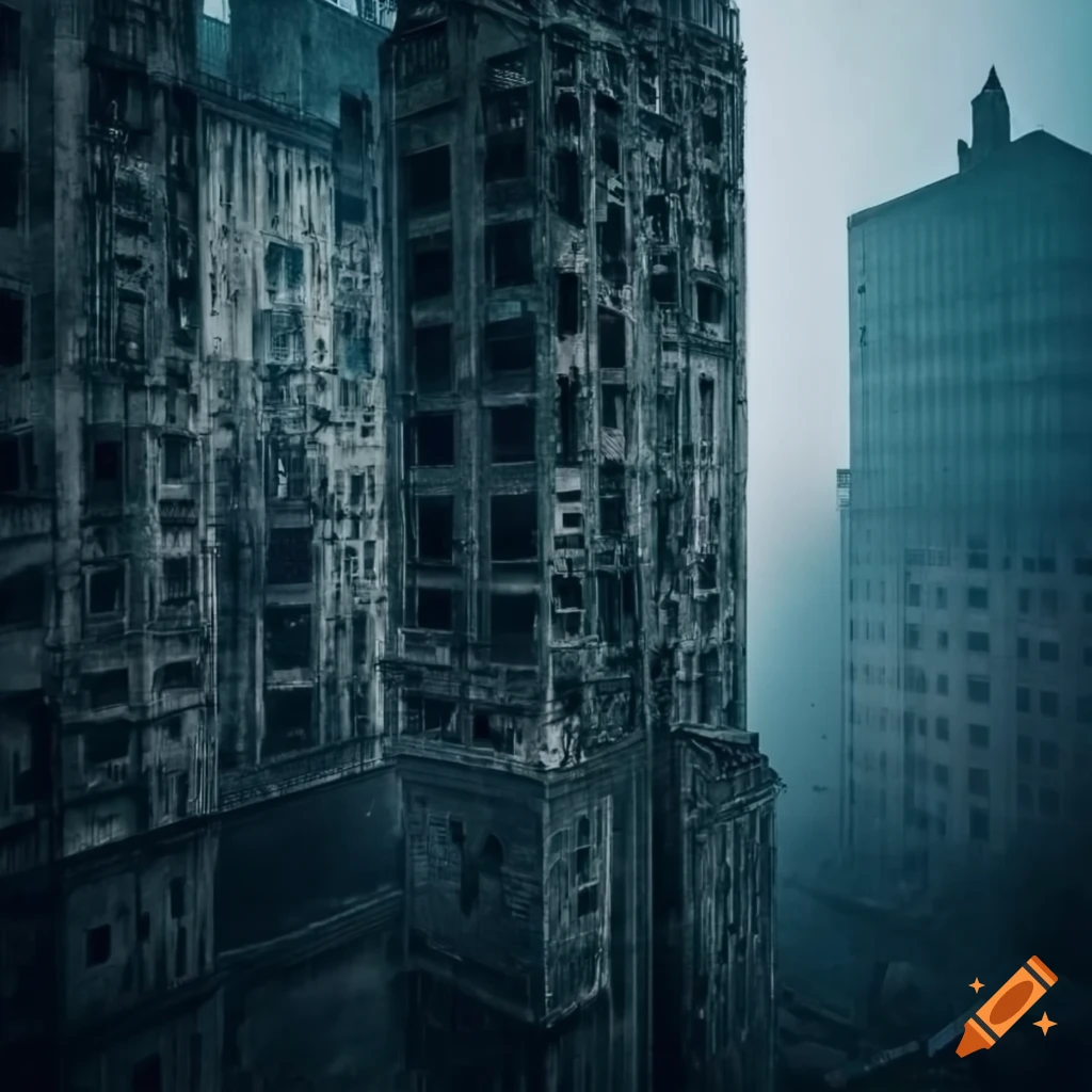 Ruined skyscrapers and abandoned buildings in a dark city landscape on ...