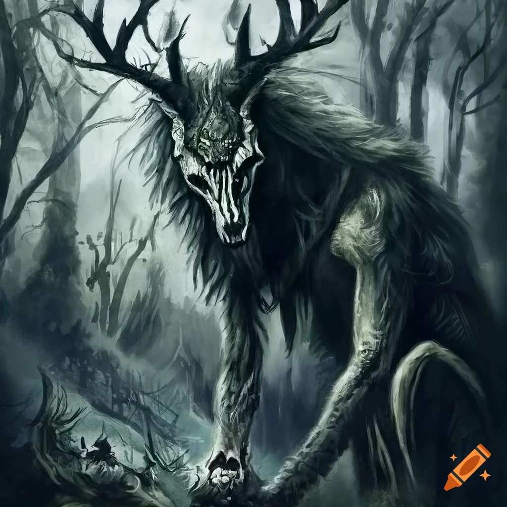 Surreal illustration of a creepy wendigo with a wolf skull face and ...