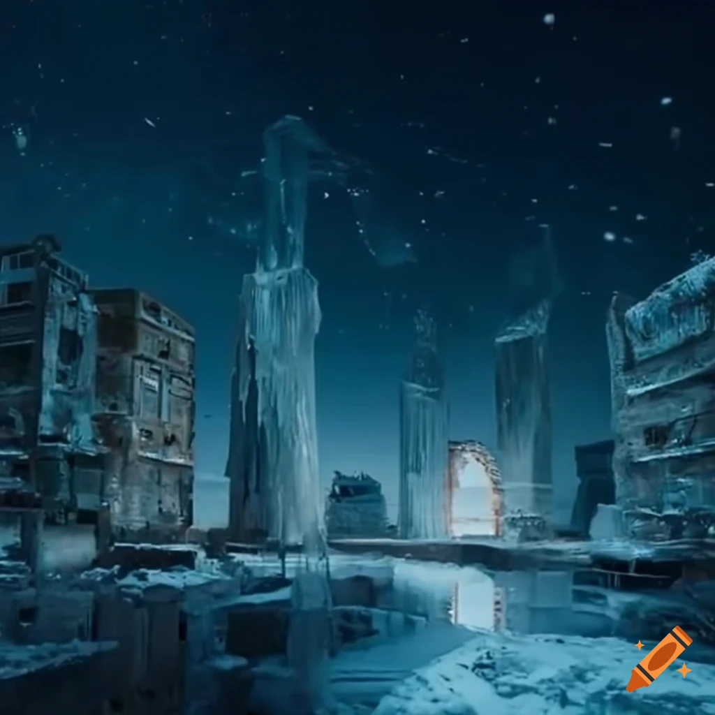 Ruins of riyadh city frozen in ice during a snowstorm on Craiyon