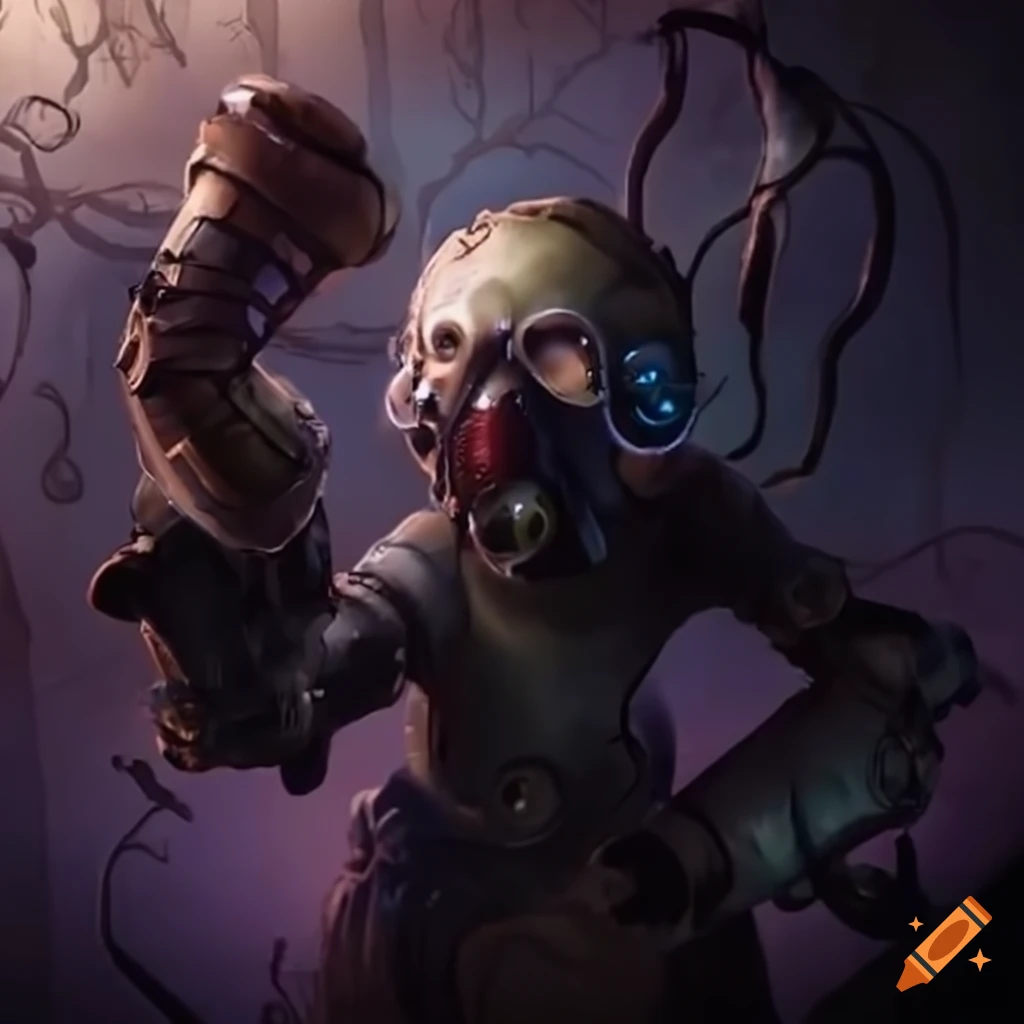 Scene of undercity zaun with people wearing magic-based prosthetic arms ...